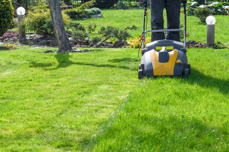 Man Cutting Grass in His Garden Yard with Lawn Mower Stock Photo ... Man Cutting Grass in His Garden Yard with Lawn Mower Stock Photo ...