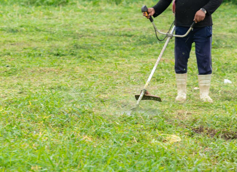 Man Cutting Grass in Yard by Using Gasoline Lawn Mower Stock Photo ...