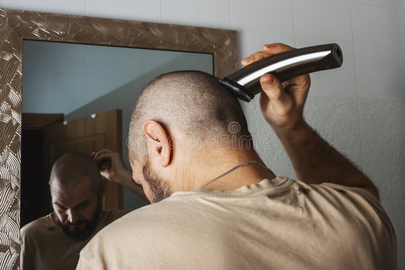 Man Cutting His Hair with Hair Clipper at Home Stock Image - Image of ...