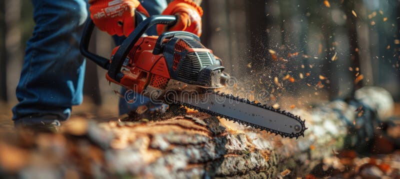 Man Cutting Log with Chainsaw Stock Photo - Image of heavy, outdoors ...
