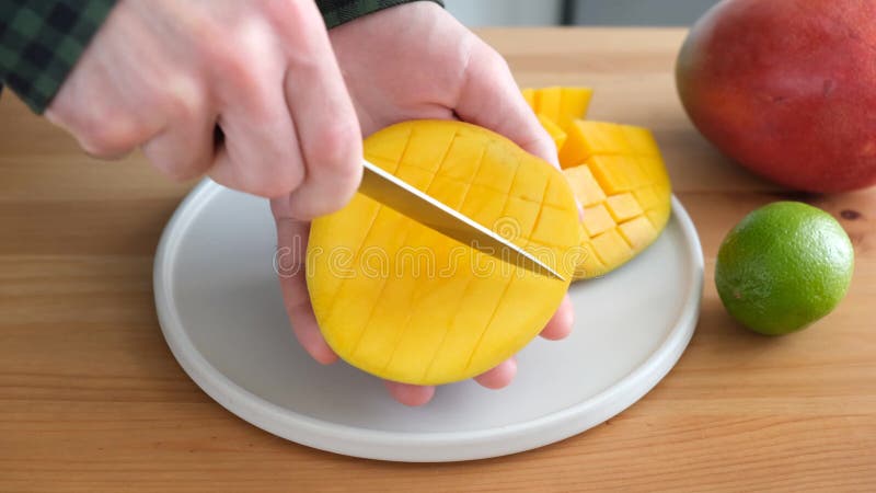 Mango Fruit Cut in Cubes and Mango Cut Half Stock Footage - Video of ...