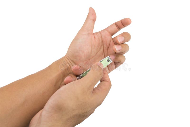 Man Cutting Nails with Nail Clipper on White Background Stock Photo ...