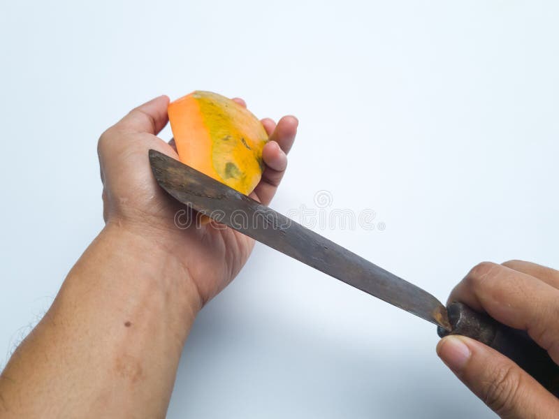 Man Cutting a Papaya Fruit with a Knife on a White Background, Isolate ...