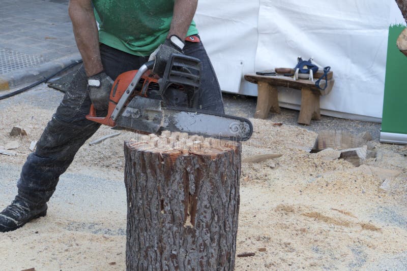 Man Cutting a Pine Log with a Chainsaw Stock Photo - Image of adult ...