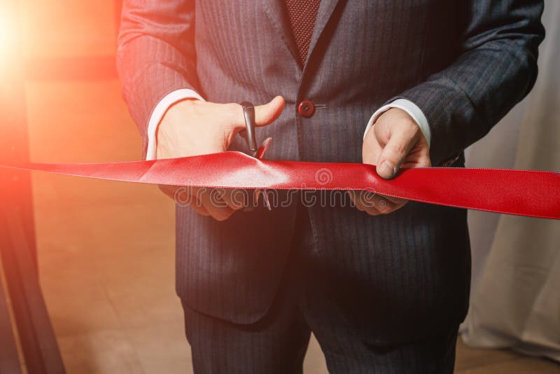 A Man Cutting a Red Ribbon, Opening Ceremony, Isolated on White ...