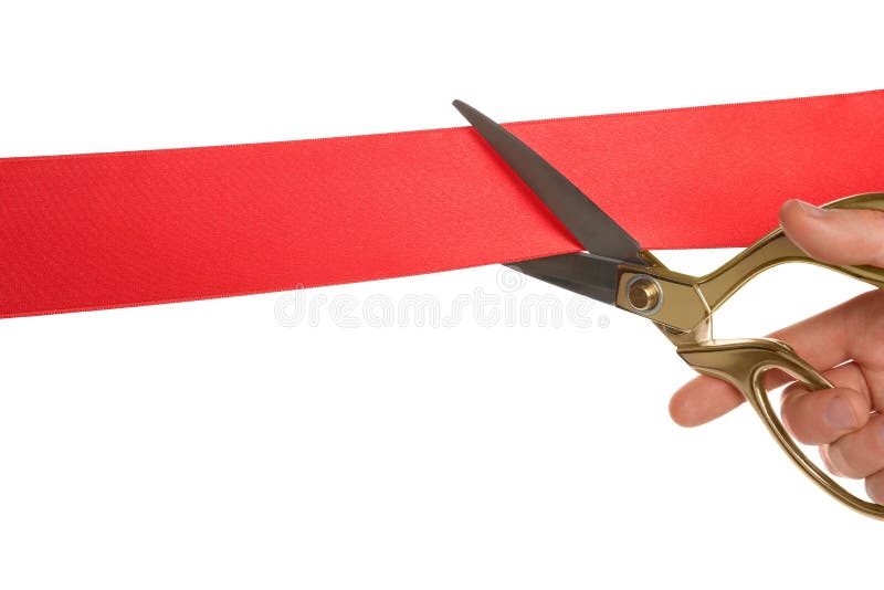 Man Cutting Red Ribbon on White Background Stock Photo - Image of ...
