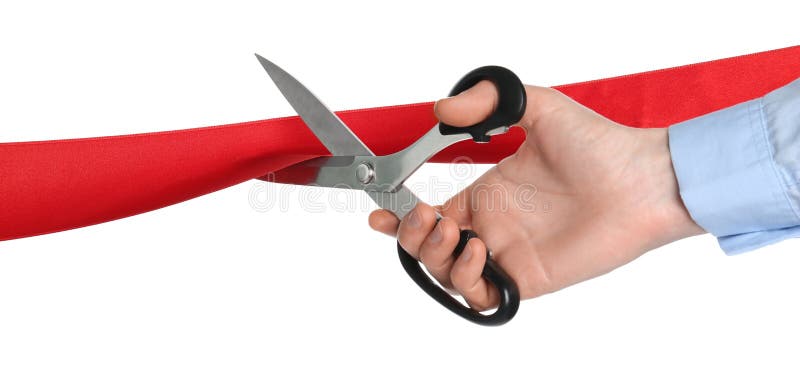 Man Cutting Red Ribbon on White Background, Closeup Stock Illustration ...