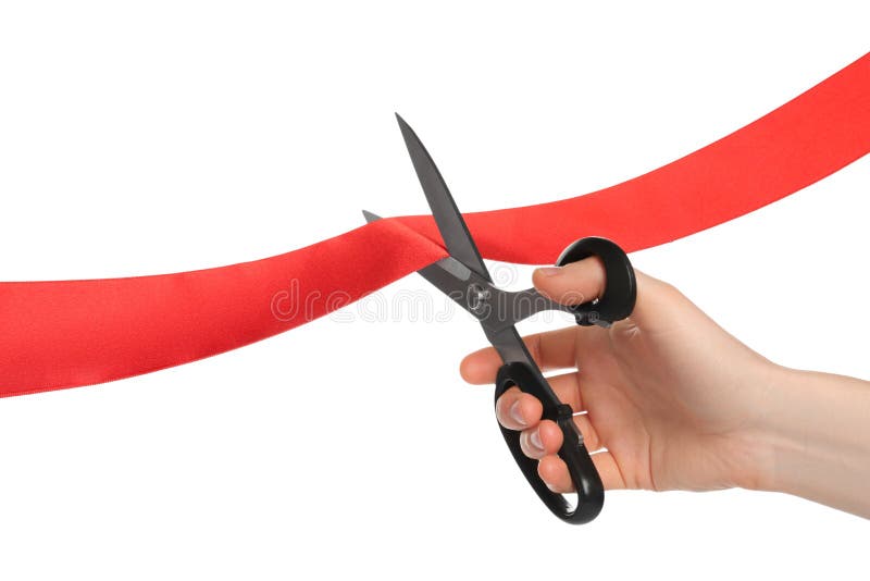 Man Cutting Red Ribbon on White Background, Closeup Stock Photo - Image ...