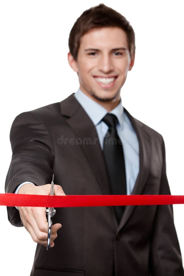 A Man Cutting a Red Satin Ribbon Stock Photo - Image of economy, cute ...
