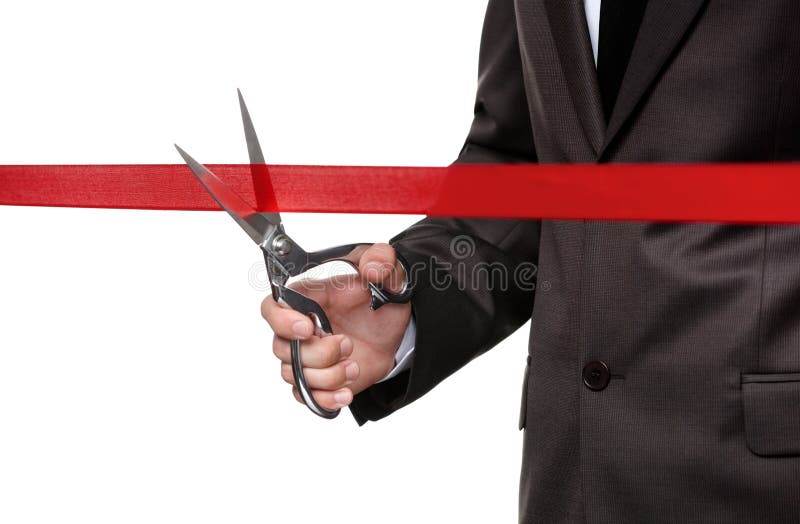 A Man Cutting a Scarlet Satin Ribbon Stock Image - Image of closeup ...