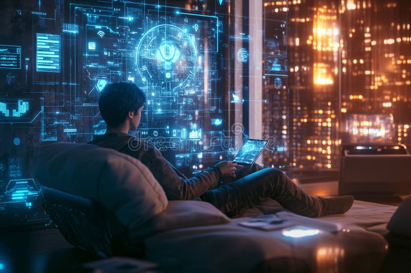 Man Cybersecurity Hacker Analyzing Data on Holographic Creating ...