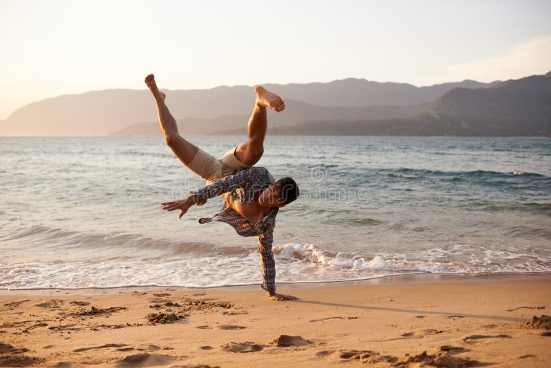 Man, Dancer and Breakdance with Sand on Beach for Hip Hop Performance ...