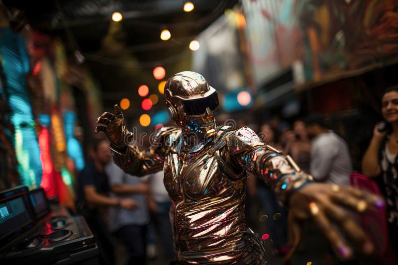 Man Dancing in Disco. Man Dressed in Futuristic Silver Suit. Robot Suit ...