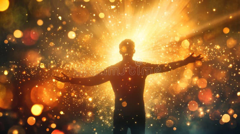 Man Dancing in Shining Golden Light. Generative AI. Stock Illustration ...