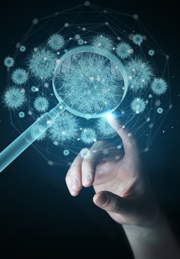 Man Analyzing Holographic Cell Projection through Magnifying Glass 3D ...