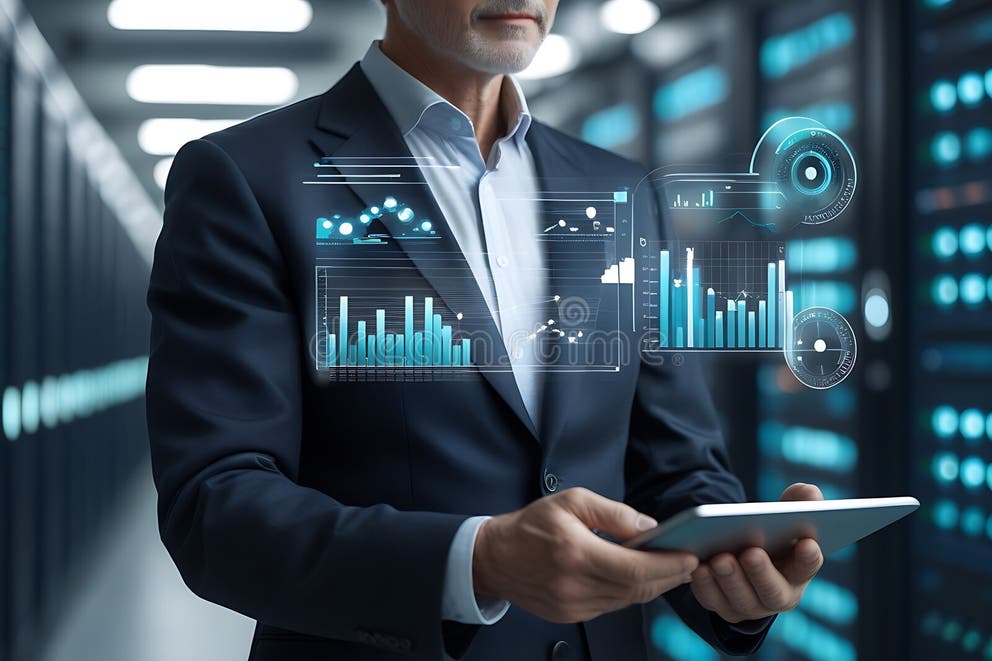 Businessman in Suit Holding Tablet with Data Visualization Charts in a Server Room Setting Stock ...
