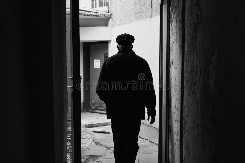 A Man in a Dark Coat and Cap Walks Alone Down a Narrow Corridor ...
