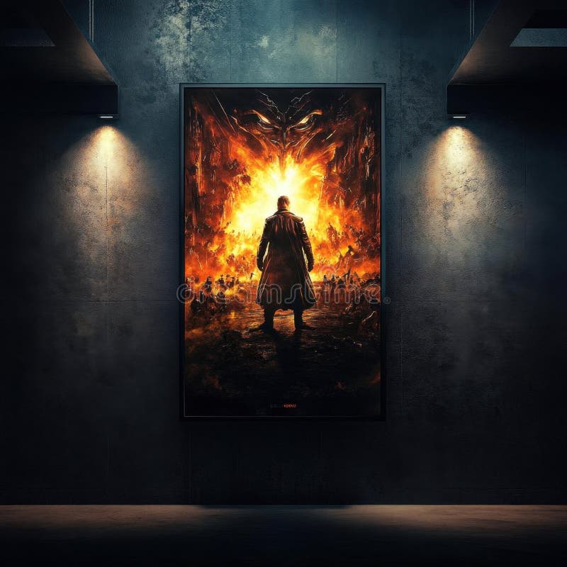 Man in Dark Coat Facing Flames and Figures Stock Illustration ...