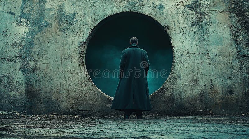 Man in Dark Coat Facing Mysterious Portal in Old Concrete Wall Stock ...