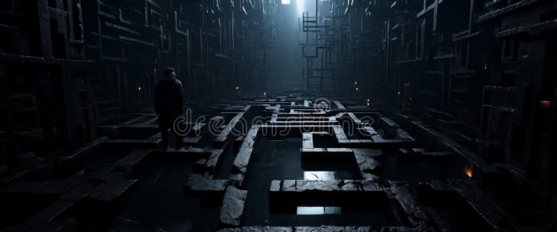 Man in Dark Labyrinth with Intricate Passageways and Light Stock Photo ...