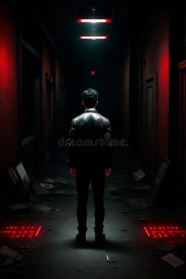 Man in a Dark Room Lit Up by Red Light. Ghost Hunter. AI-generated ...