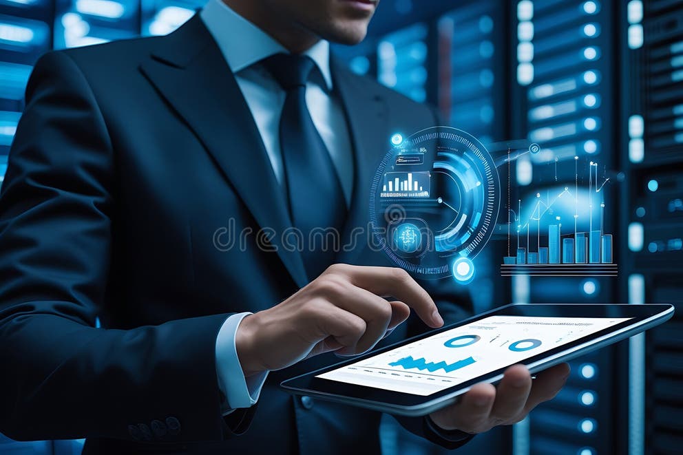 Businessman in Suit Using Tablet with Data Visualization in Server Room ...