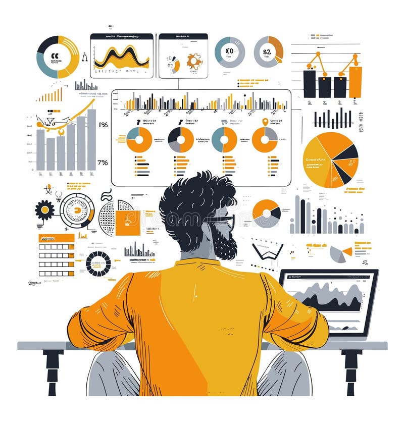 Man Data Analyst Stylized Cartoon Vector Concept. Infographic Charts Big Data Back View Bearded ...