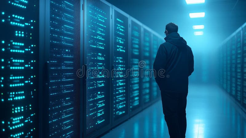 Man in Data Center Surrounded by Servers Stock Illustration ...