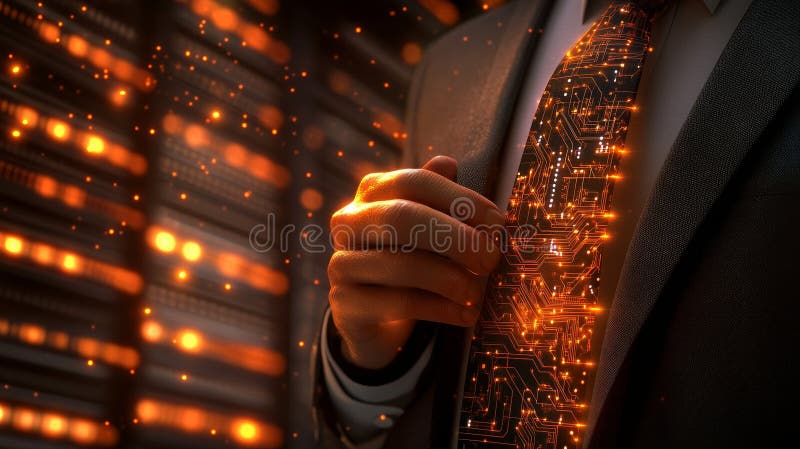 A Man in a Data Center Wearing an Illuminated Circuit Board Suit. Stock ...