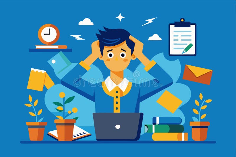 A Man Dealing with Stress in an Office Environment Surrounded by Tasks ...
