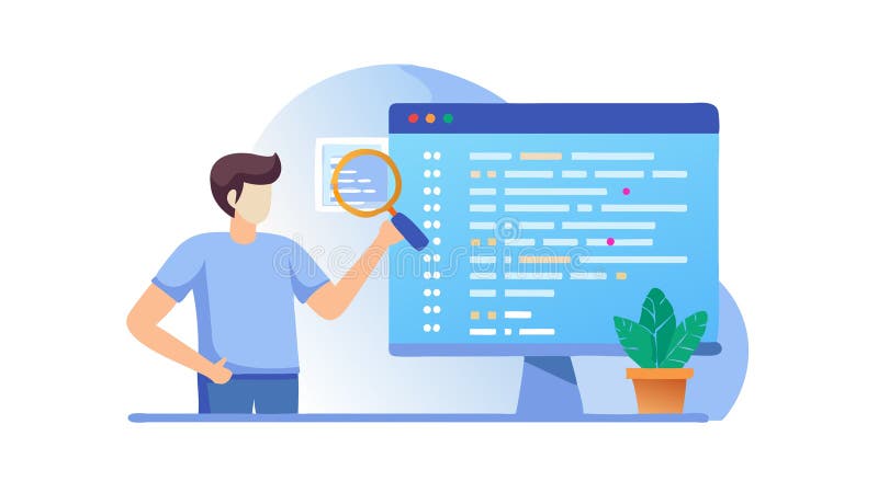 Man Debugging Code on Monitor, Software Development and Error Fixing, it, Vector Design ...