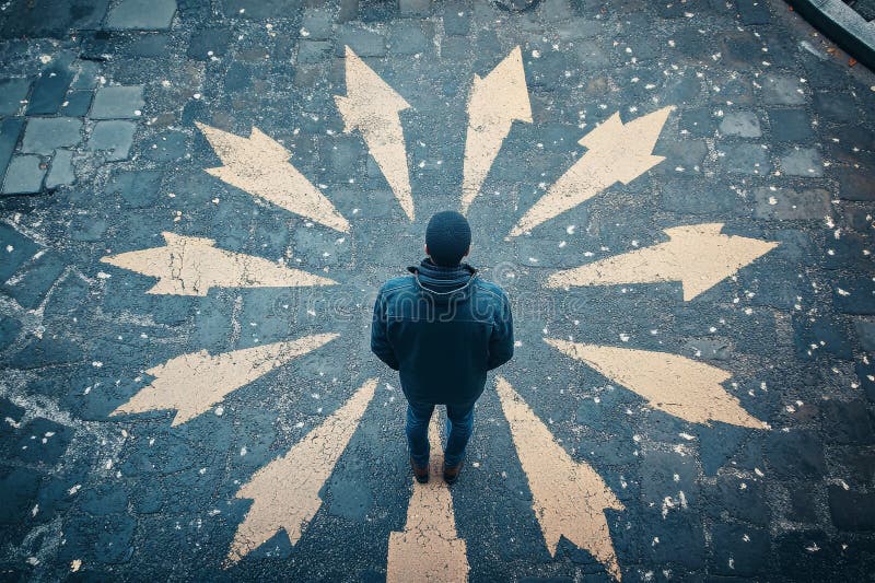 Man at a Decision Point with Multiple Arrows Indicating Choices in a ...