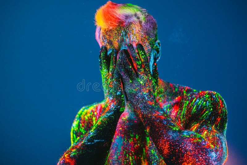 The Man is Decorated in a Ultraviolet Powder Stock Image - Image of ...