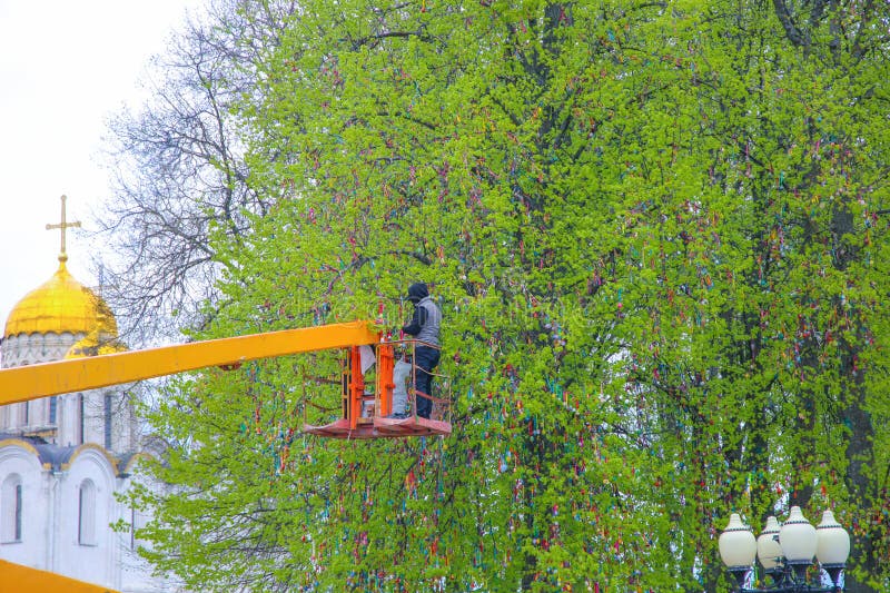 Man Decorates Trees by Easter Eggs Using Lifting Crane Stock Image ...
