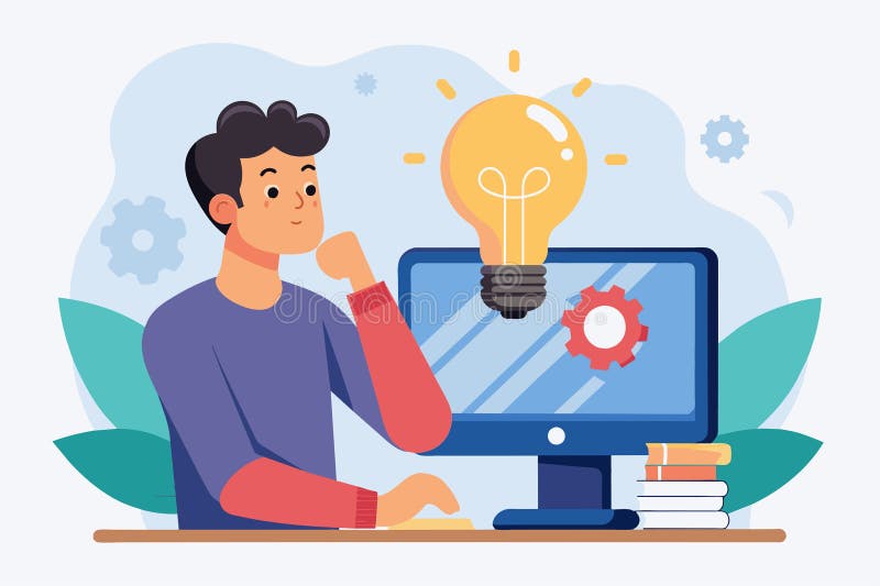 A Man is Deep in Thought As a Light Bulb Symbolizing Ideas Hovers Over ...