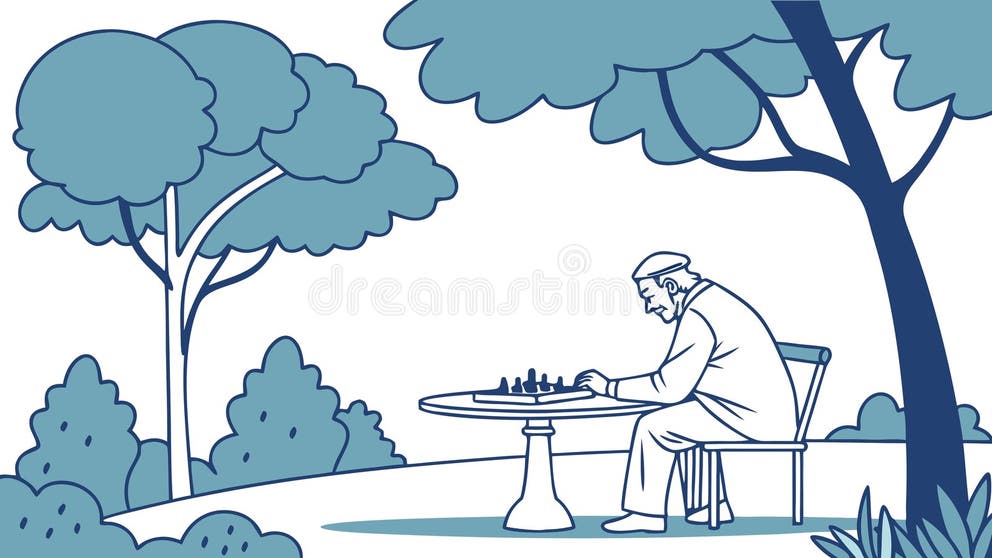 Man Deep in Thought while Playing a Game of Chess in the Park, Vector ...