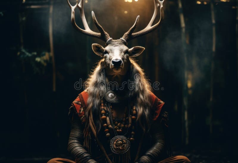 A Shaman with a Deer& X27;s Head Sitting in a Dark Room. Generative AI ...