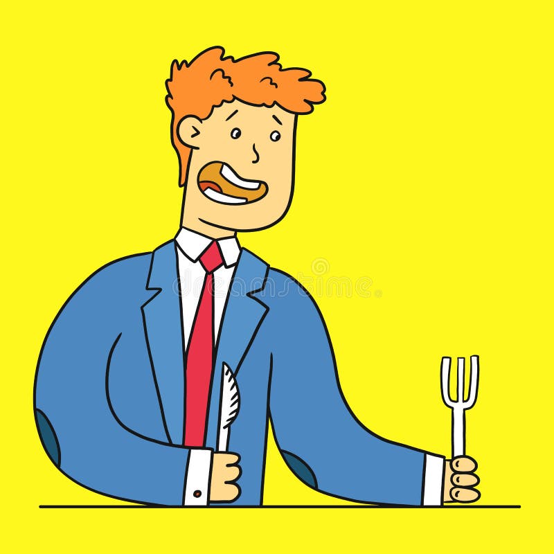 A Man Demands Food, a Fork and Spoon in His Hands Stock Illustration ...