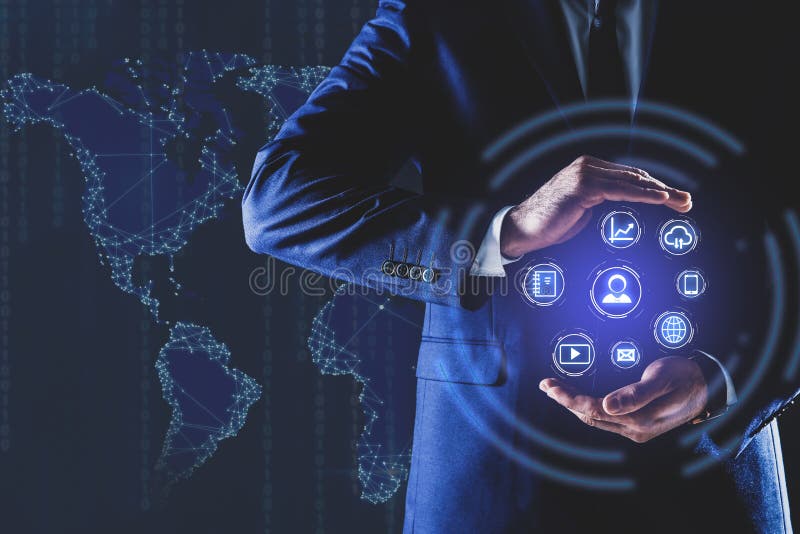 Man Demonstrating Icons of Data Management System and World Map Stock ...