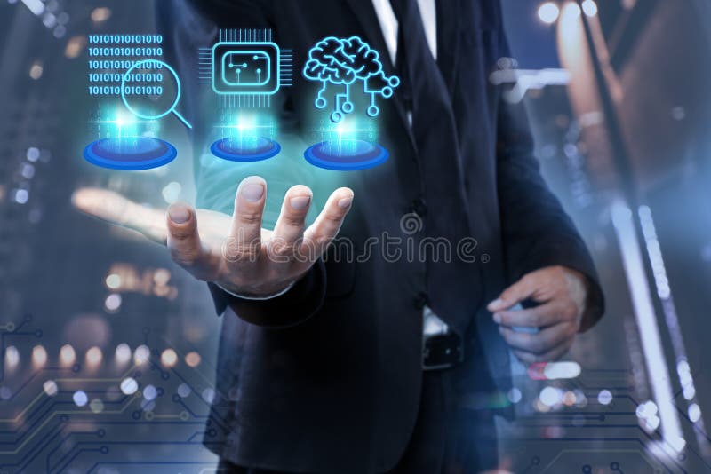 Man Demonstrating Machine Learning Model with Different Icons and Night ...