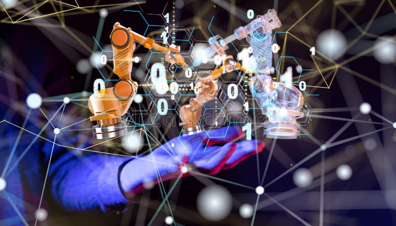 Man Demonstrating Models of Robotic Arms in a Digital Network of ...