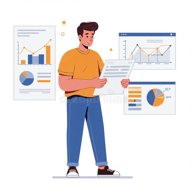 A Man is Depicted Holding a Document, Standing between Two Infographic ...