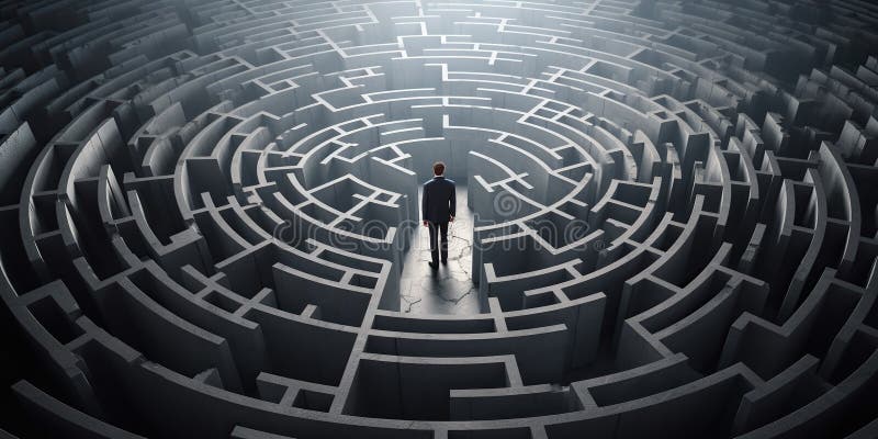 A Man is Depicted in a Labyrinth, Looking for a Way Out, Representing ...