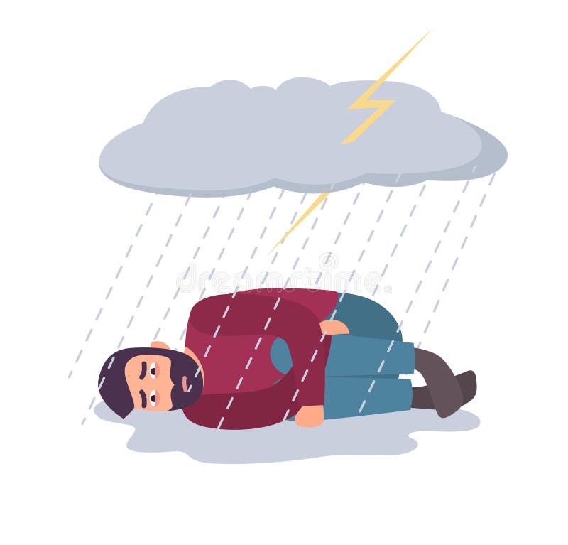 Man in Depression Concept. Sad and Depressed Guy Under Storm Cloud and ...