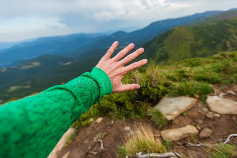 Man Descend Down a Large Green Mountain Range Stock Image - Image of ...