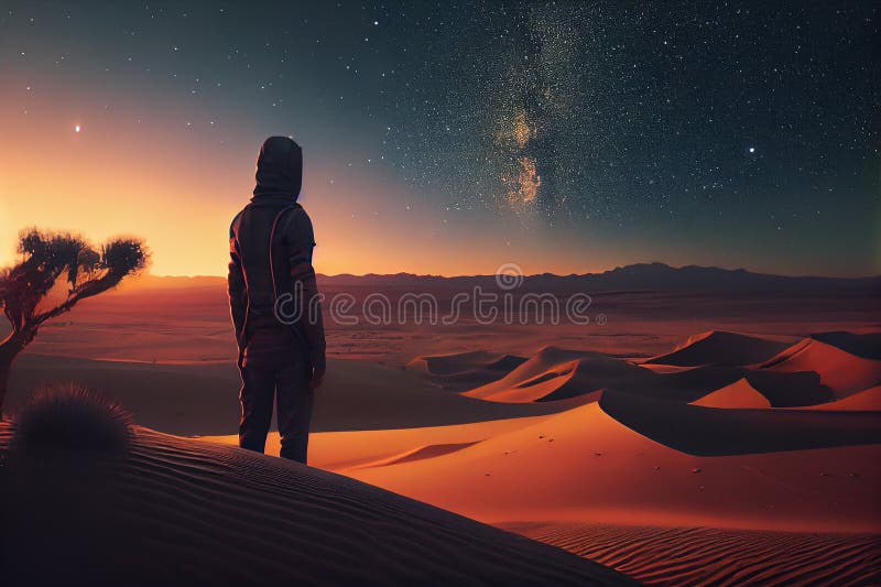 Man in the Desert at Night with Starry Sky and Milky Way.generative Ai ...
