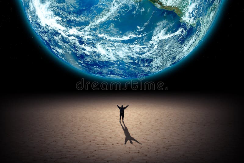 Man in the Desert Under Planet Earth Stock Image - Image of male, globe ...