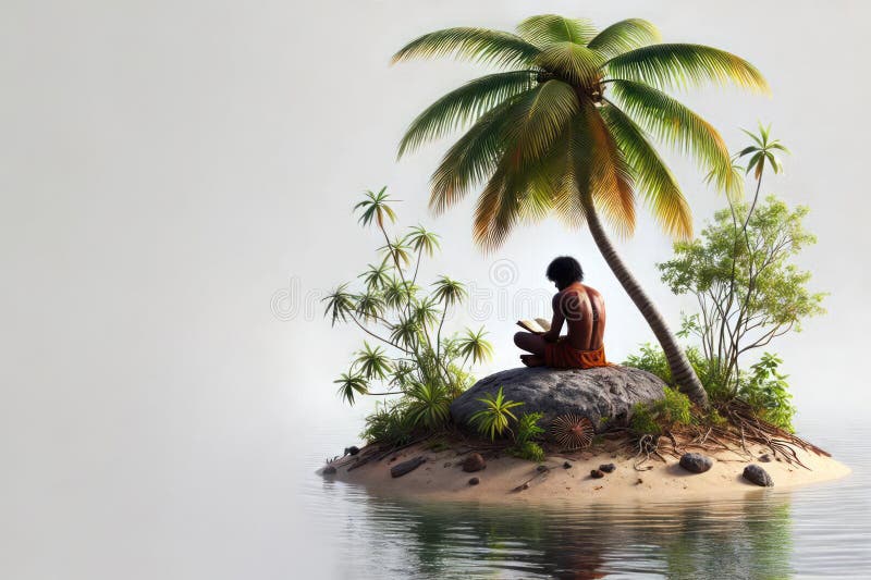 A Man on a Deserted Island with a Book Under a Palm Tree. Space for ...