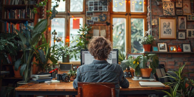 A Man is at a Desk with a Computer, Surrounded by Plants Stock Image ...