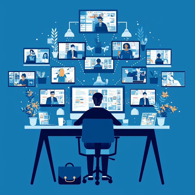 Man at Desk Connected To Multiple Virtual Meetings on Computer Monitors ...